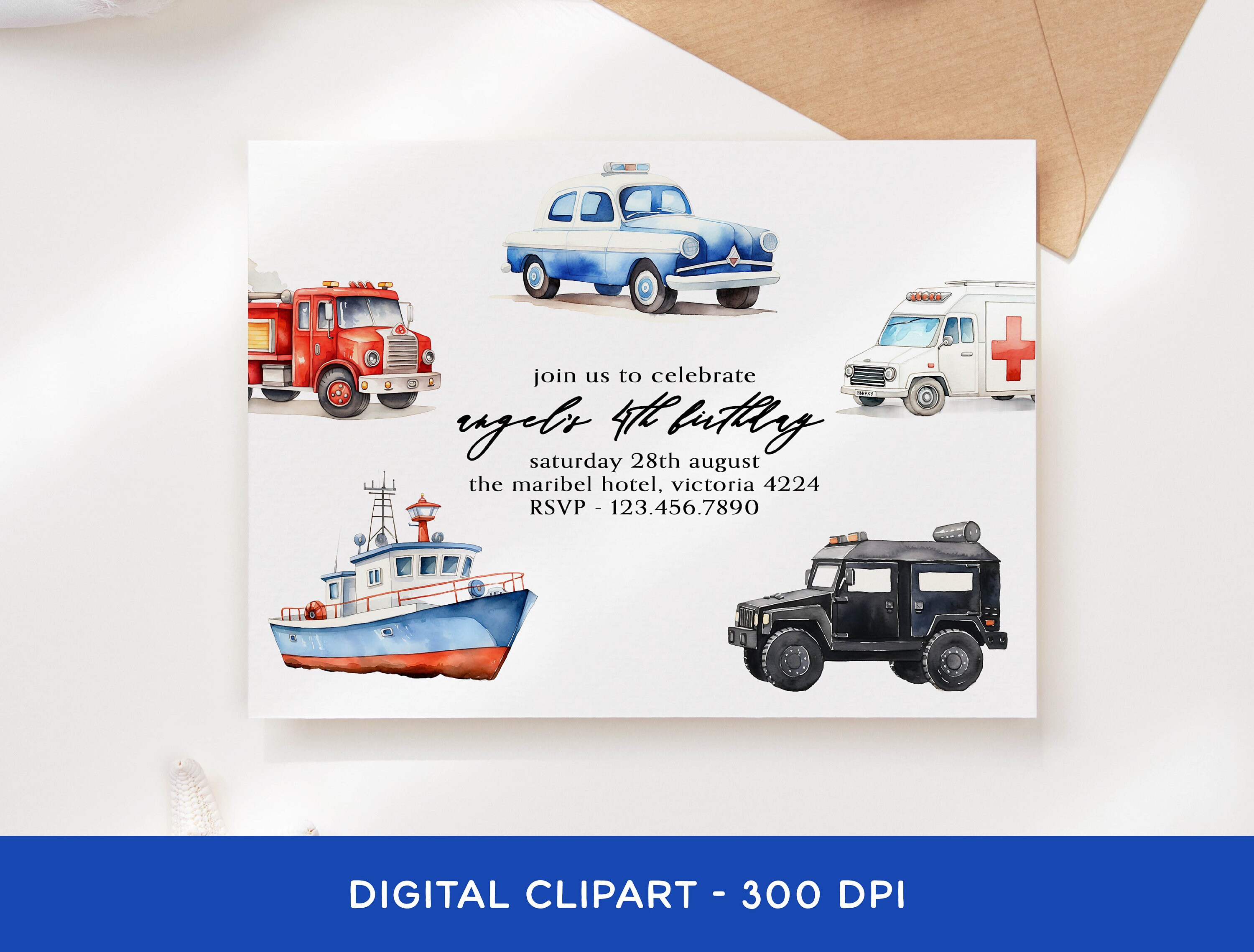 Vehicles Clipart Bundle Watercolor Emergency Vehincles Ambulance Police ...