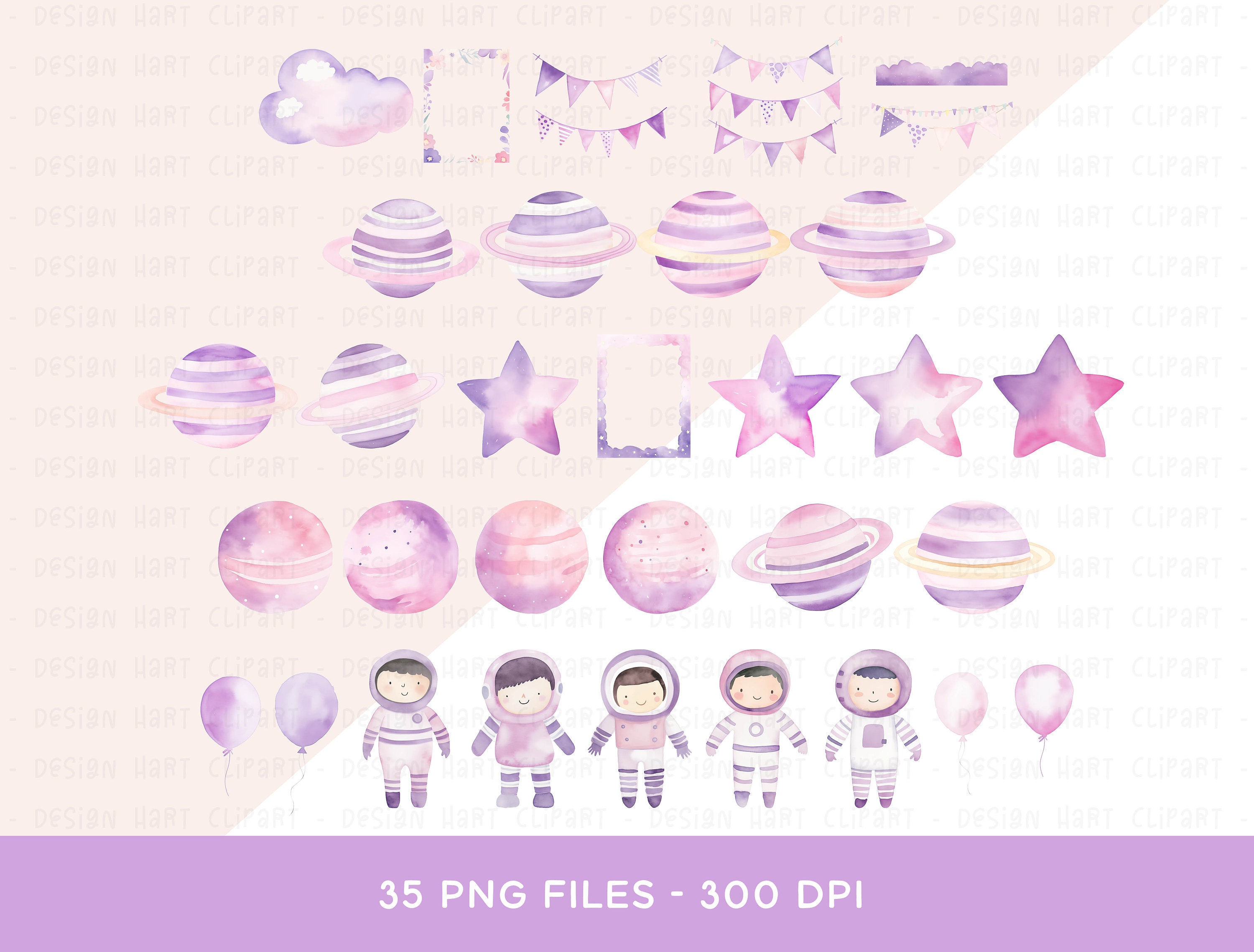 Astronaut Clipart Bundle, Girls Space Galaxy Planets Purple Pink Kids ...