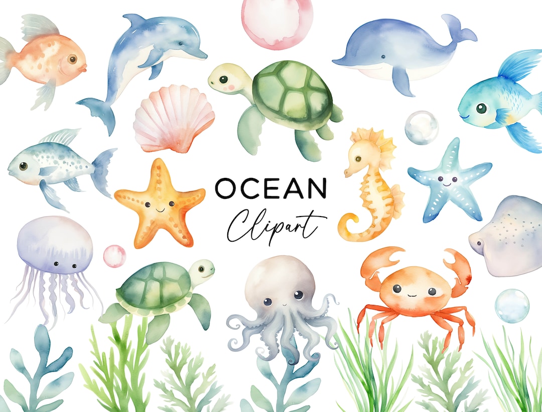 Ocean Clipart Bundle, Watercolor Under the Sea Creatures Animals Beach ...