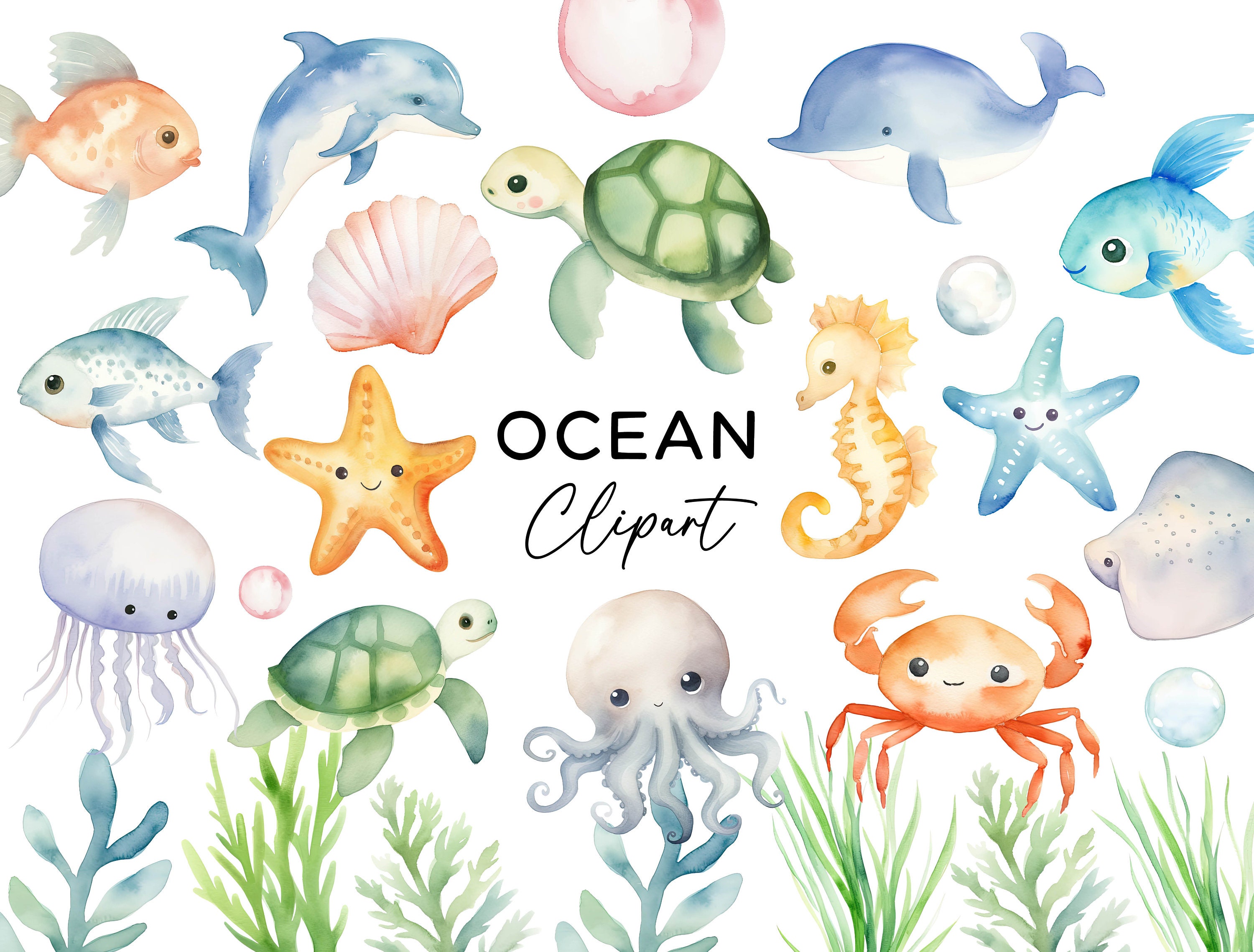 Ocean Clipart Bundle, Watercolor Under the Sea Creatures Animals Beach ...