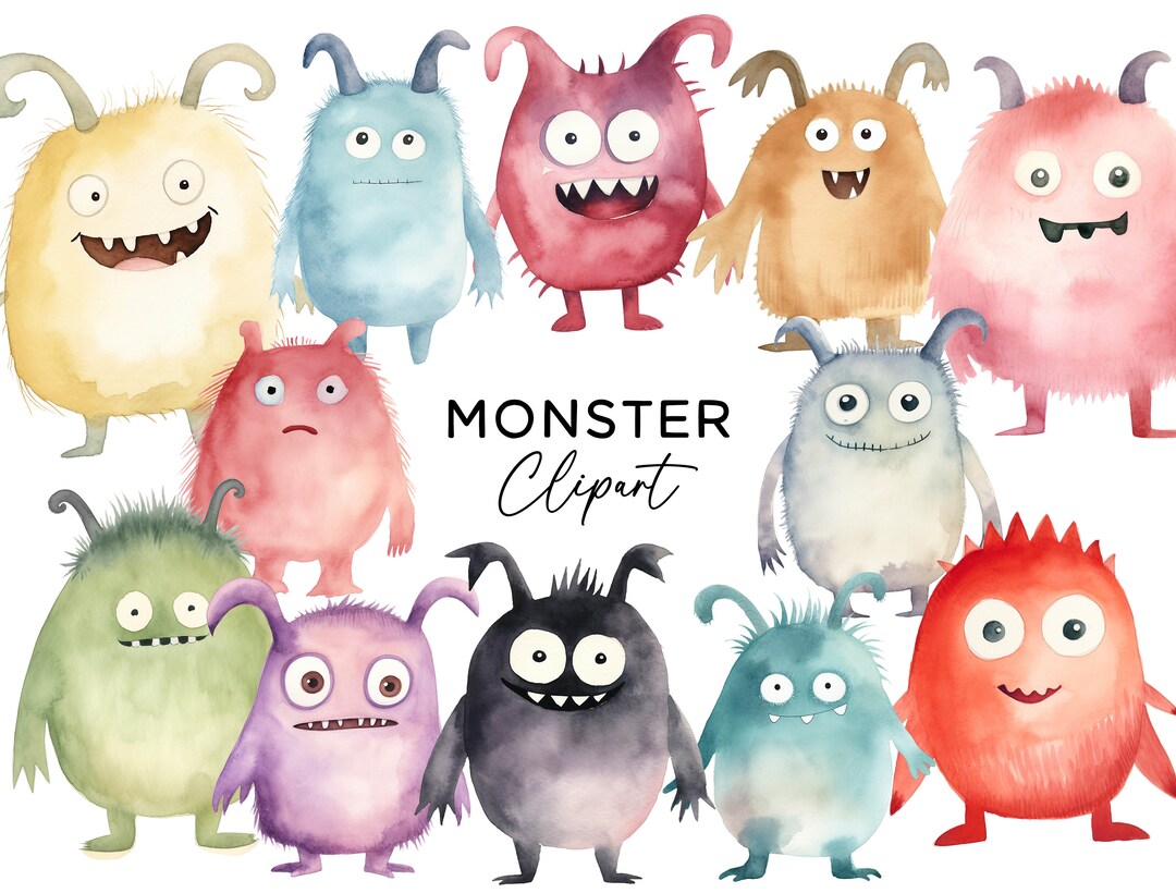 Monster Clipart Bundle - Watercolor Cute Smiling Happy Monsters ...