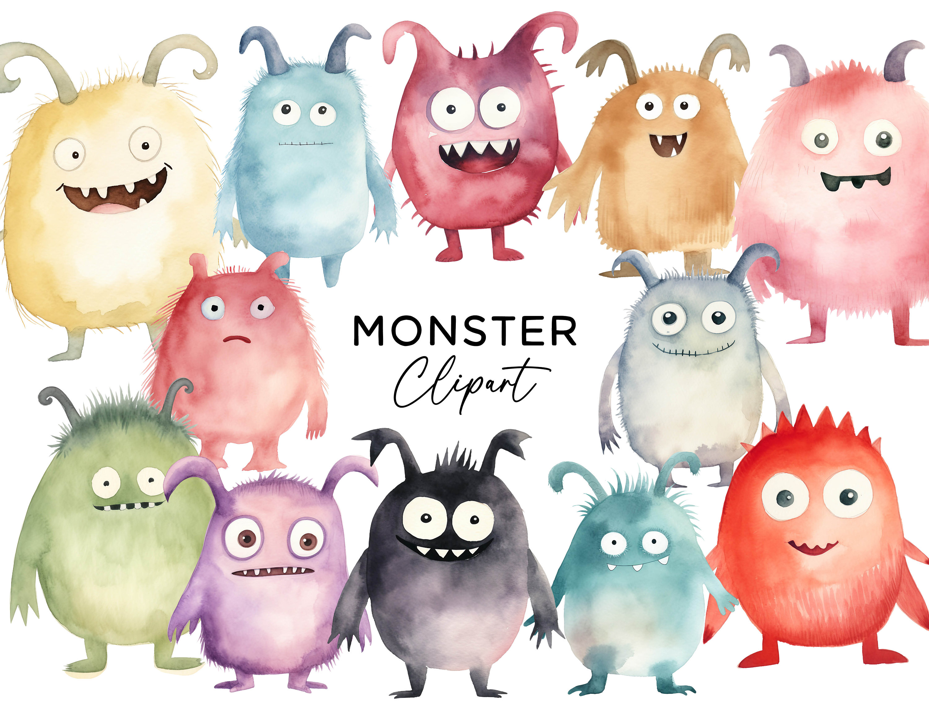 Monster Clipart Bundle Watercolor Cute Smiling Happy Monsters Emotions ...