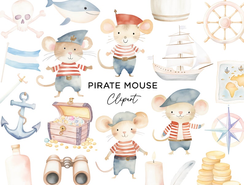 Pirate Clipart Bundle, Pirate Mouse Treasure Ship Map Skull Nautical ...