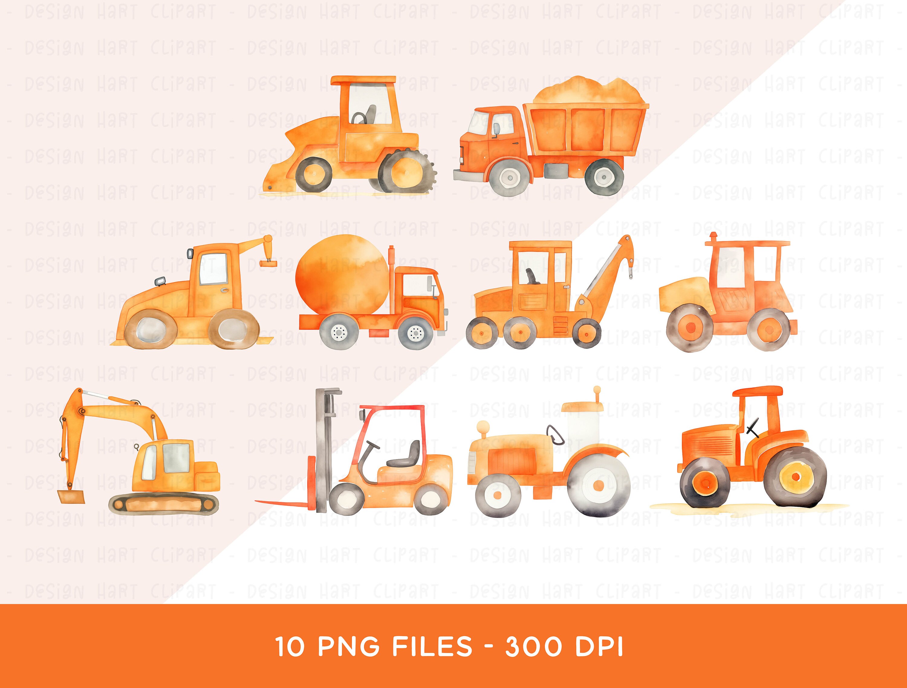 Construction Clipart Bundle, Orange Vehicles Watercolor Digger ...