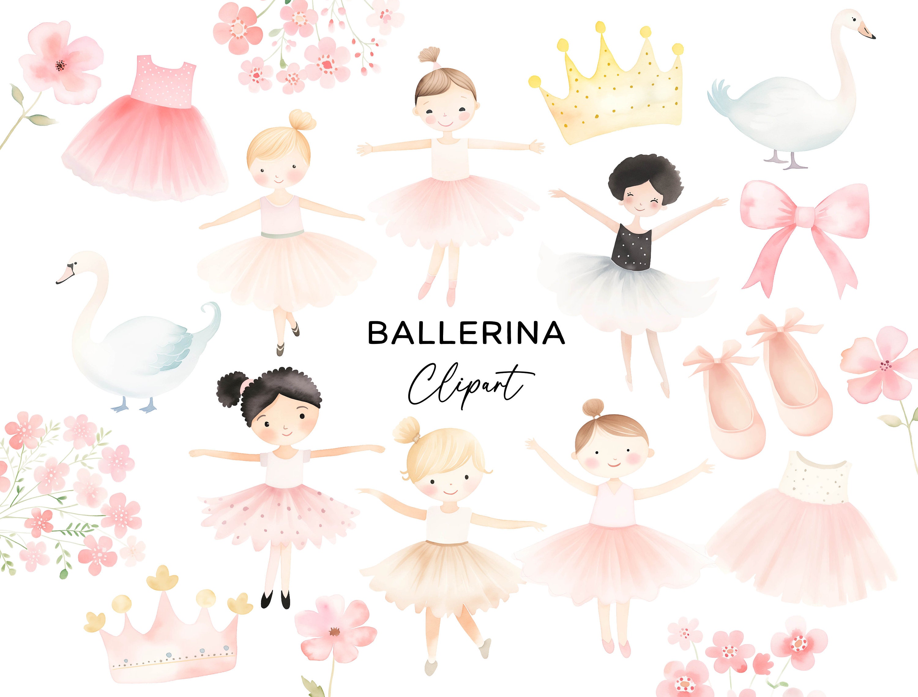 Ballerina Clipart Bundle, Ballet Dancer Kids Girls Swan Crown Floral ...