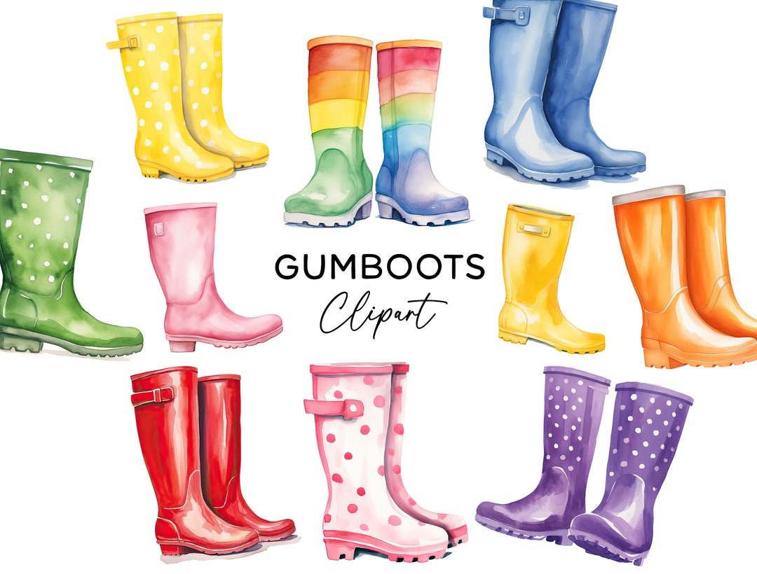 Gumboots Clipart Bundle, Watercolor Wellies Rain Boots Winter Rainy ...