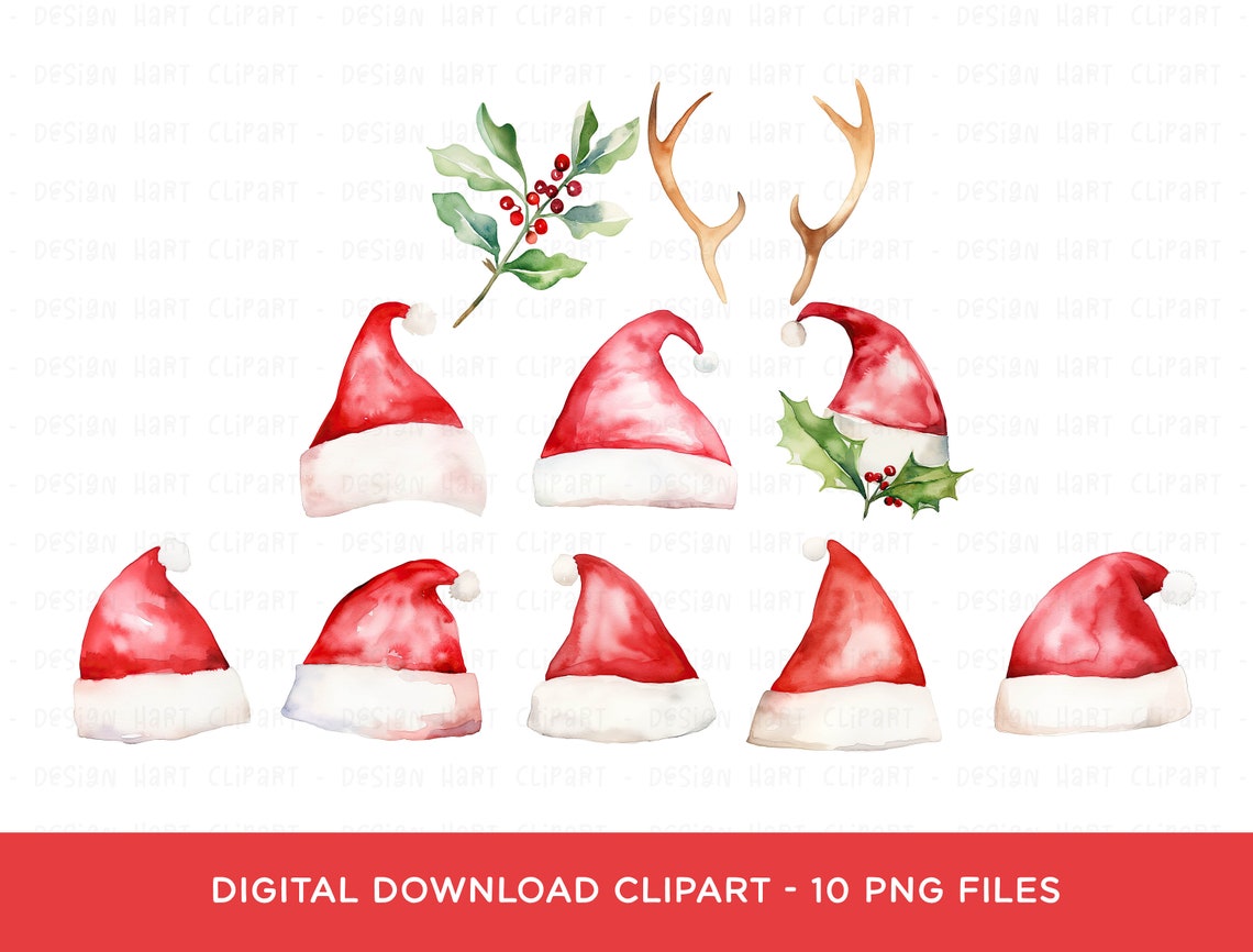 Santa Hat Clipart Bundle: Watercolor Christmas Red Hat PNG - Etsy