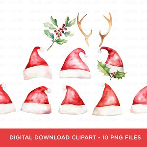 Santa Hat Clipart Bundle: Watercolor Christmas Red Hat PNG Sublimation ...