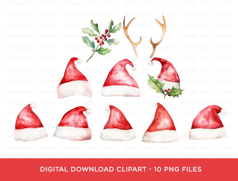 Santa Hat Clipart Bundle: Watercolor Christmas Red Hat PNG - Etsy