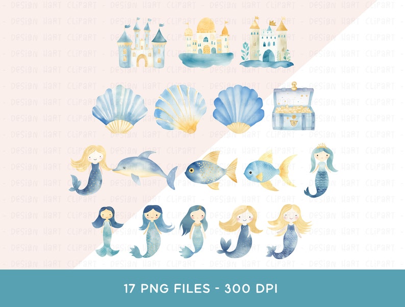Mermaid Clipart Bundle, Blue Gold Mermaid Underwater Ocean Sea ...