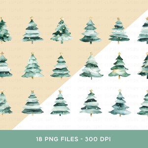 Green Christmas Tree Clipart Bundle, Pastel Watercolor Xmas Trees PNG ...