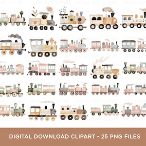 Train Clipart Bundle, Watercolor Pastel Boho Steam Trains, Nordic Style ...
