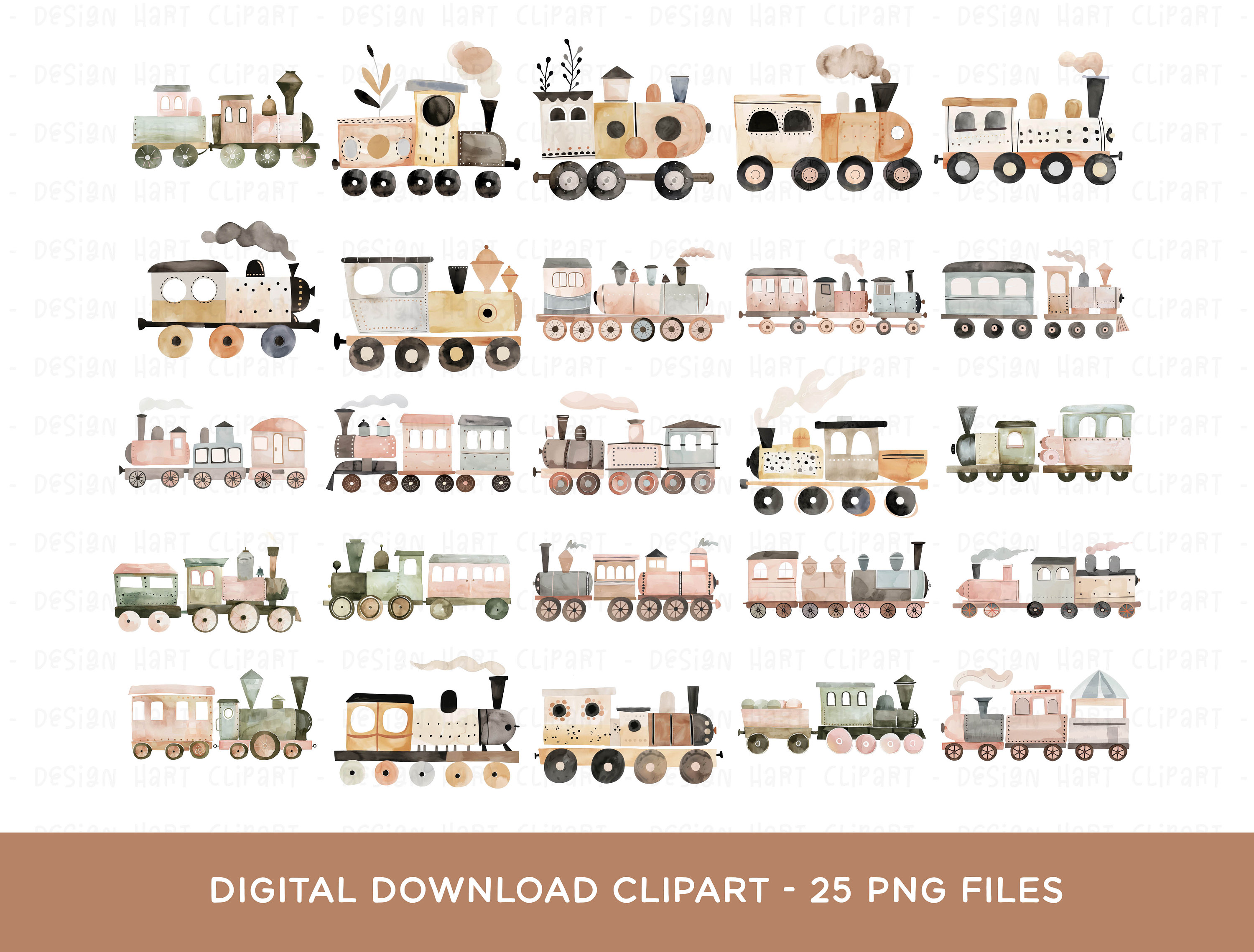 Train Clipart Bundle, Watercolor Pastel Boho Steam Trains, Nordic Style ...