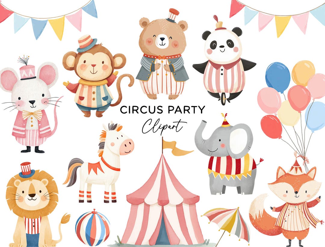 Carnival Clipart Bundle, Watercolor Circus Animals Lion Monkey Elephant ...