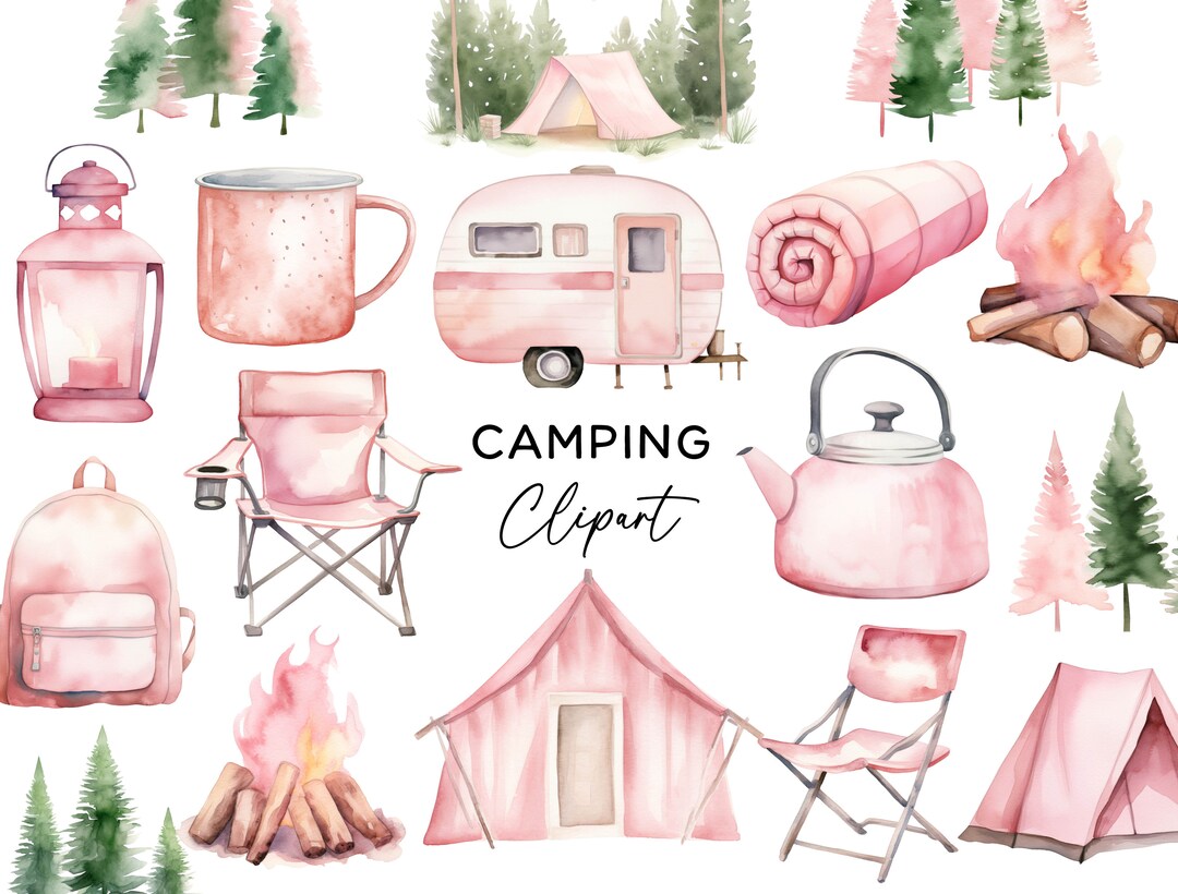 Pink Camping Clipart Bundle, Watercolor Adventure Camper Tent Campfire ...