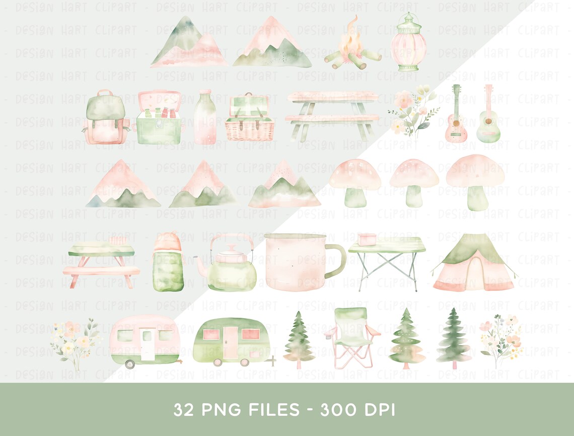 Pink Green Camping Clipart Bundle, Watercolor Adventure Camper Tent ...