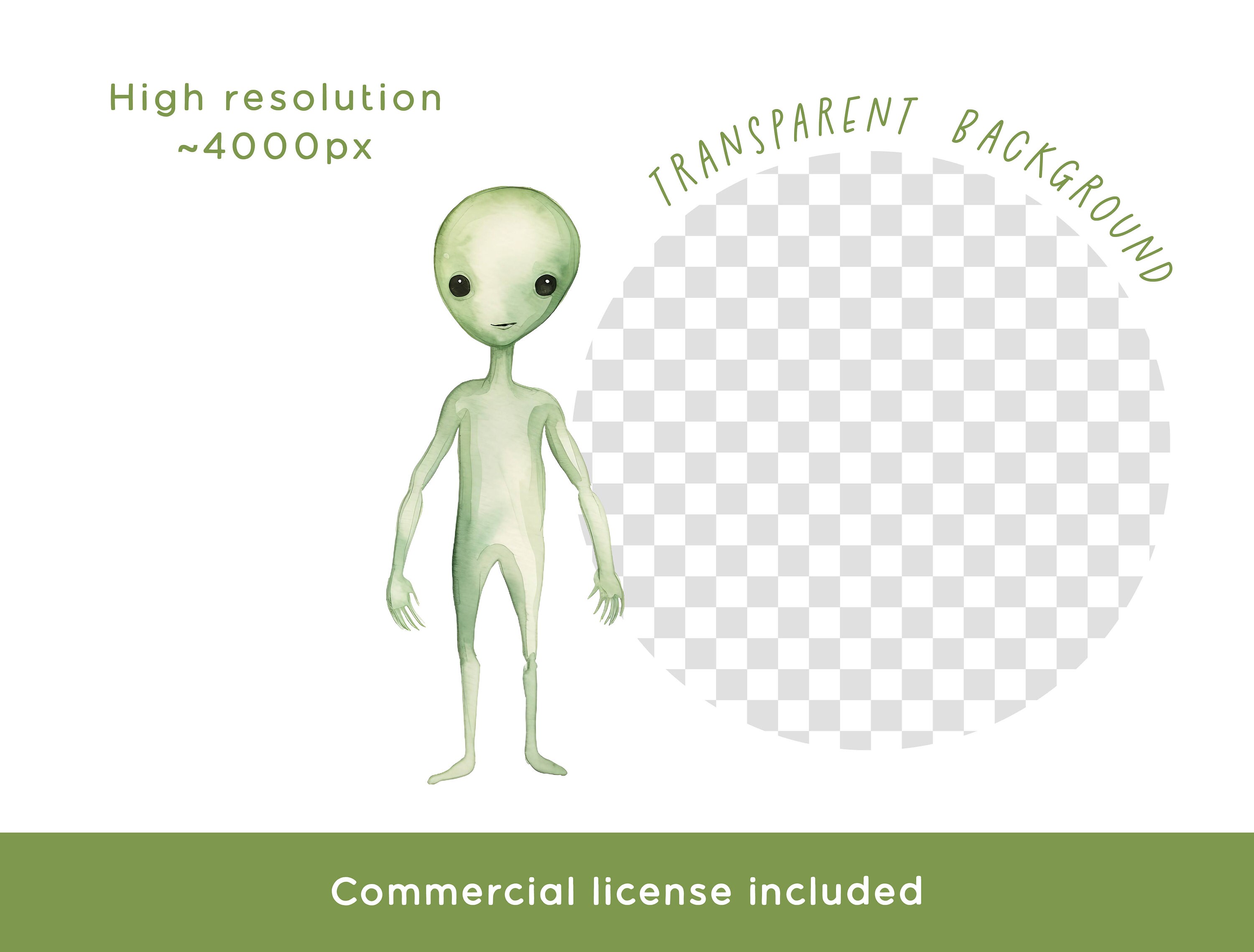 Alien Clipart Bundle Watercolor Outer Space UFO Spaceship Planet Green ...