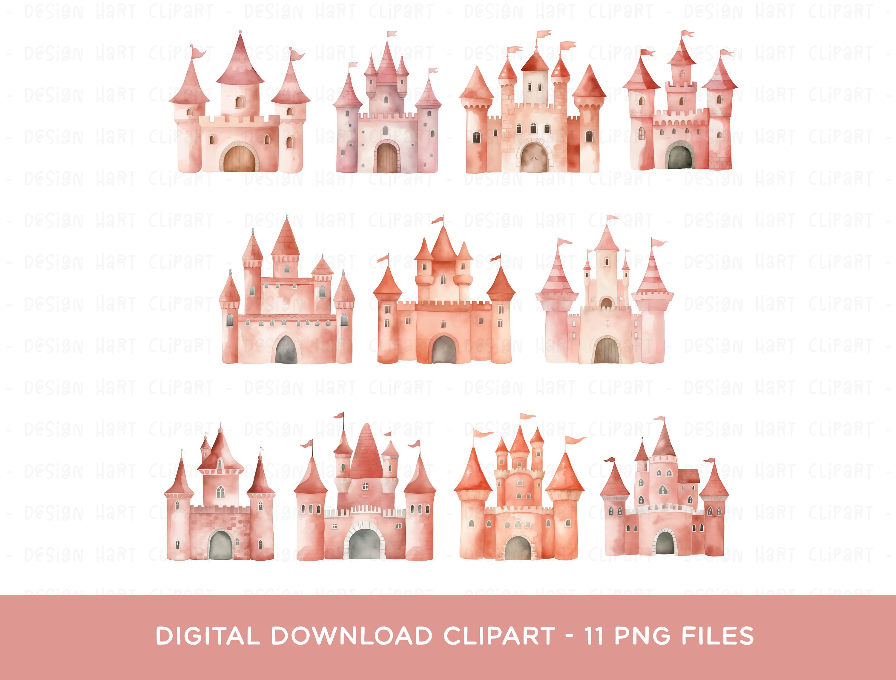 Pink Castle Clipart Bundle, Princess Magical Fairytale Pink Red Girls ...