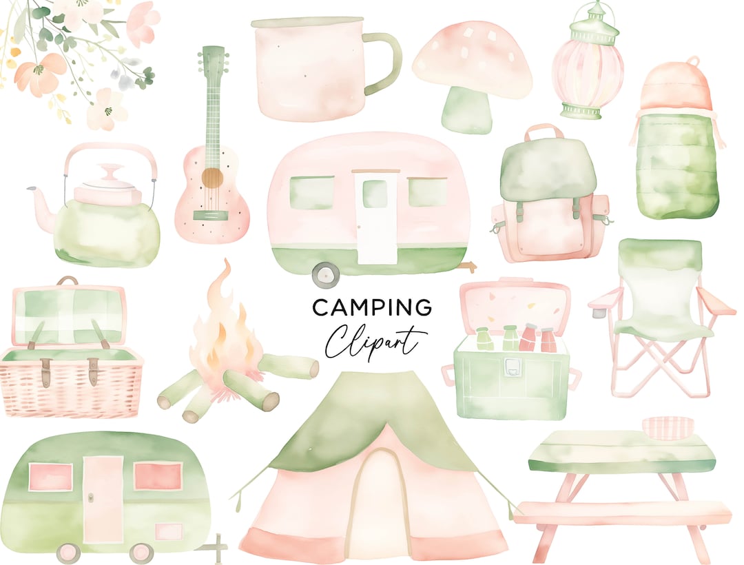 Pink Green Camping Clipart Bundle, Watercolor Adventure Camper Tent ...