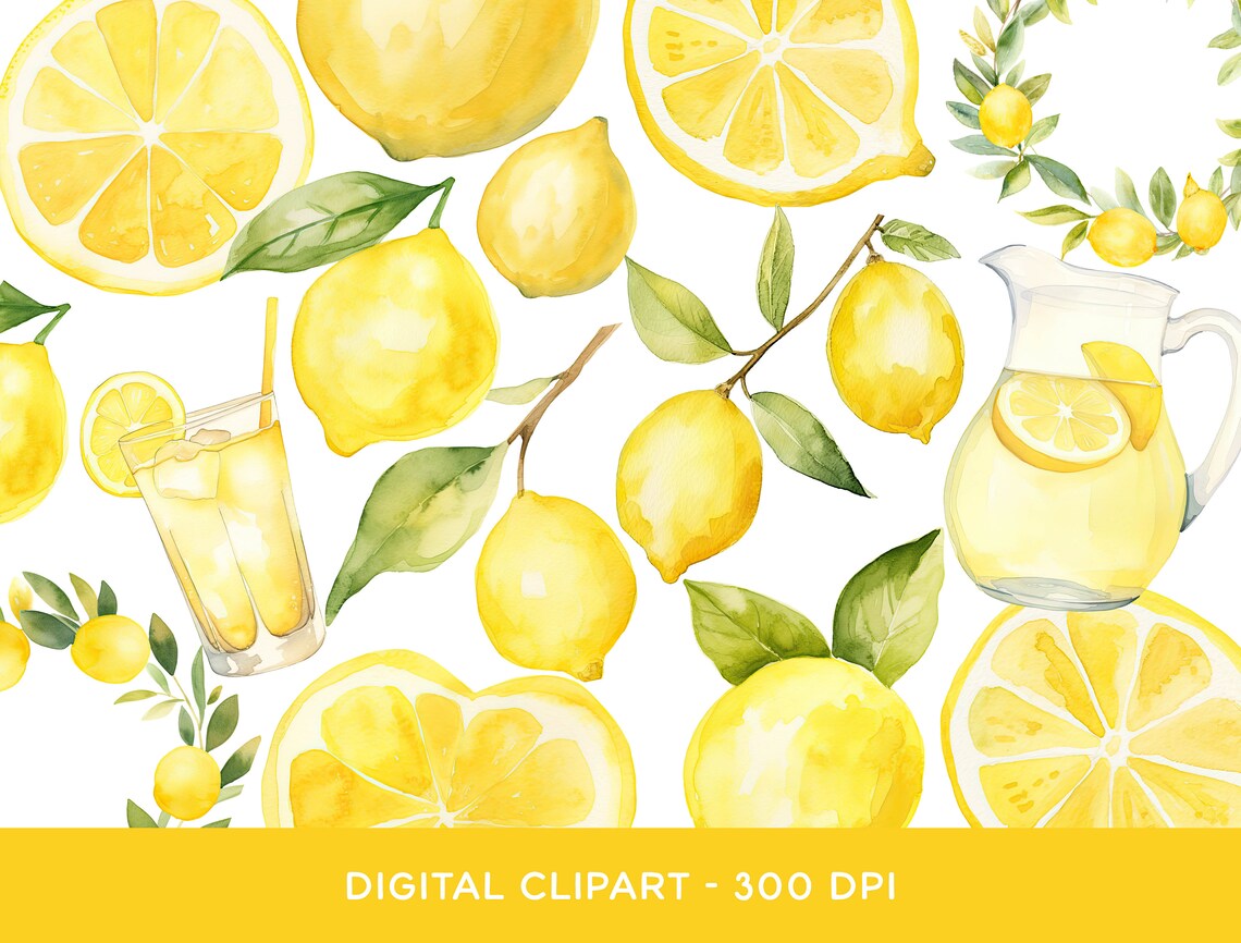 Lemon Clipart Bundle: Watercolor Yellow Lemons Wreath Lemonade PNG ...