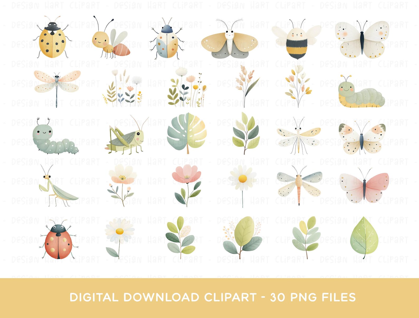 Bugs Clipart Bundle, Watercolor Insects PNG, Ladybug Bee Butterfly ...