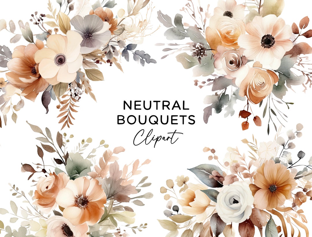 Floral Clipart Bundle, Boho Neutral Watercolor Flower Bouquets Bohemian ...