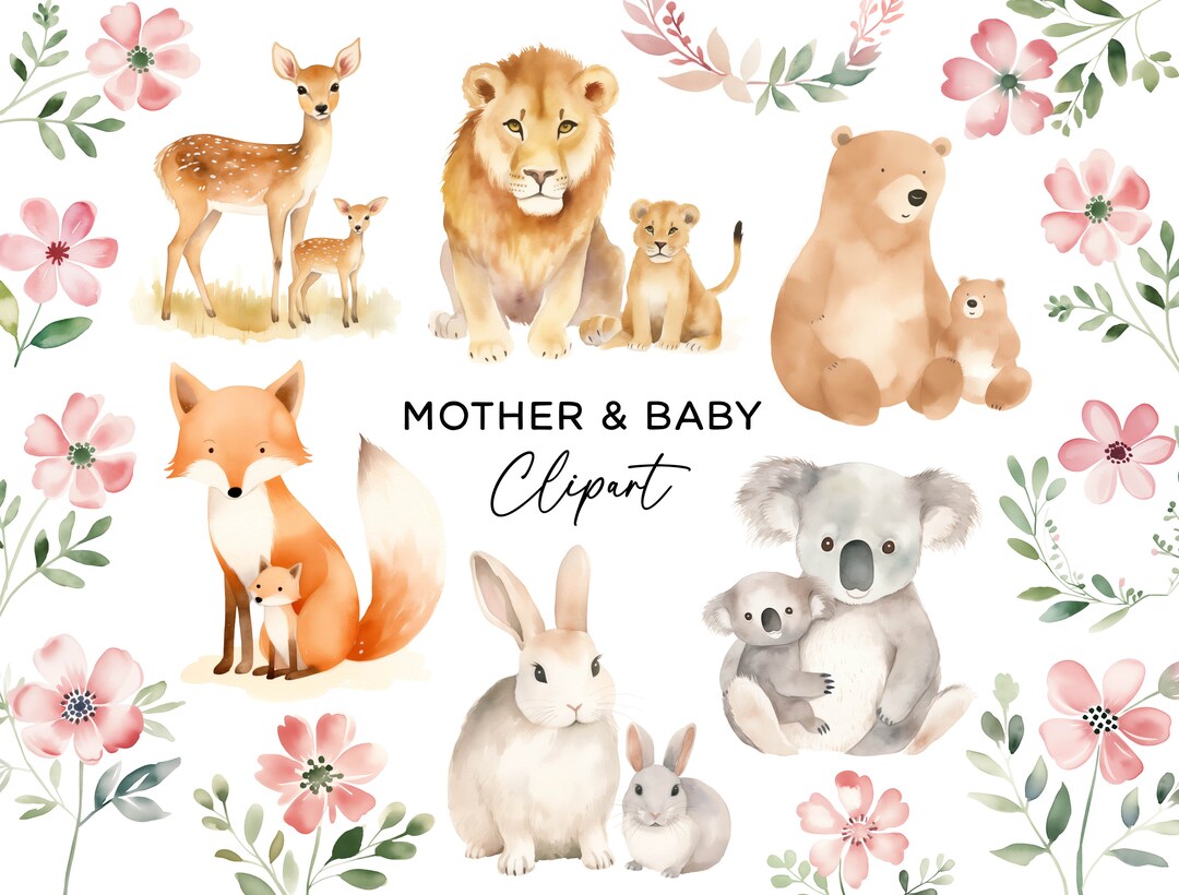 Mother & Baby Clipart Bundle, Watercolor Animal Mommy Fox Deer Lion ...