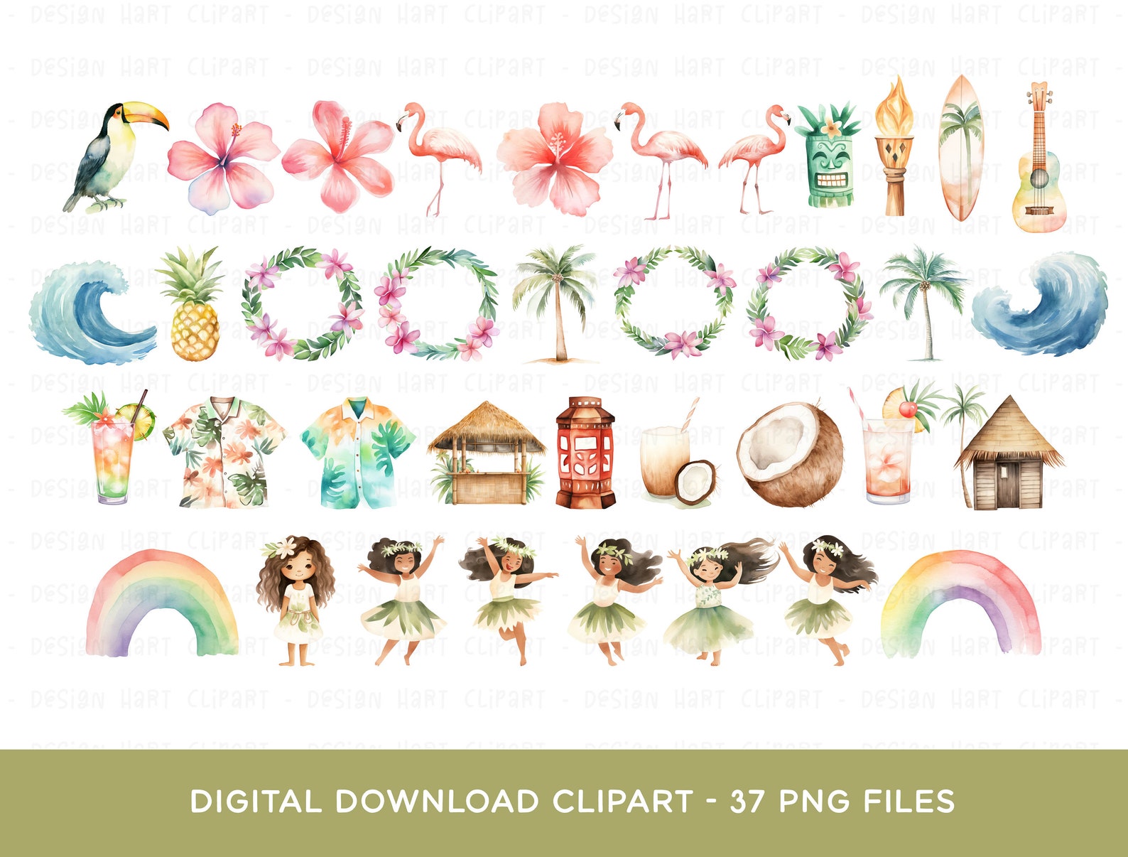 Hawaiian Clipart Bundle Watercolor Aloha Tropical Summer Elements, Tiki ...