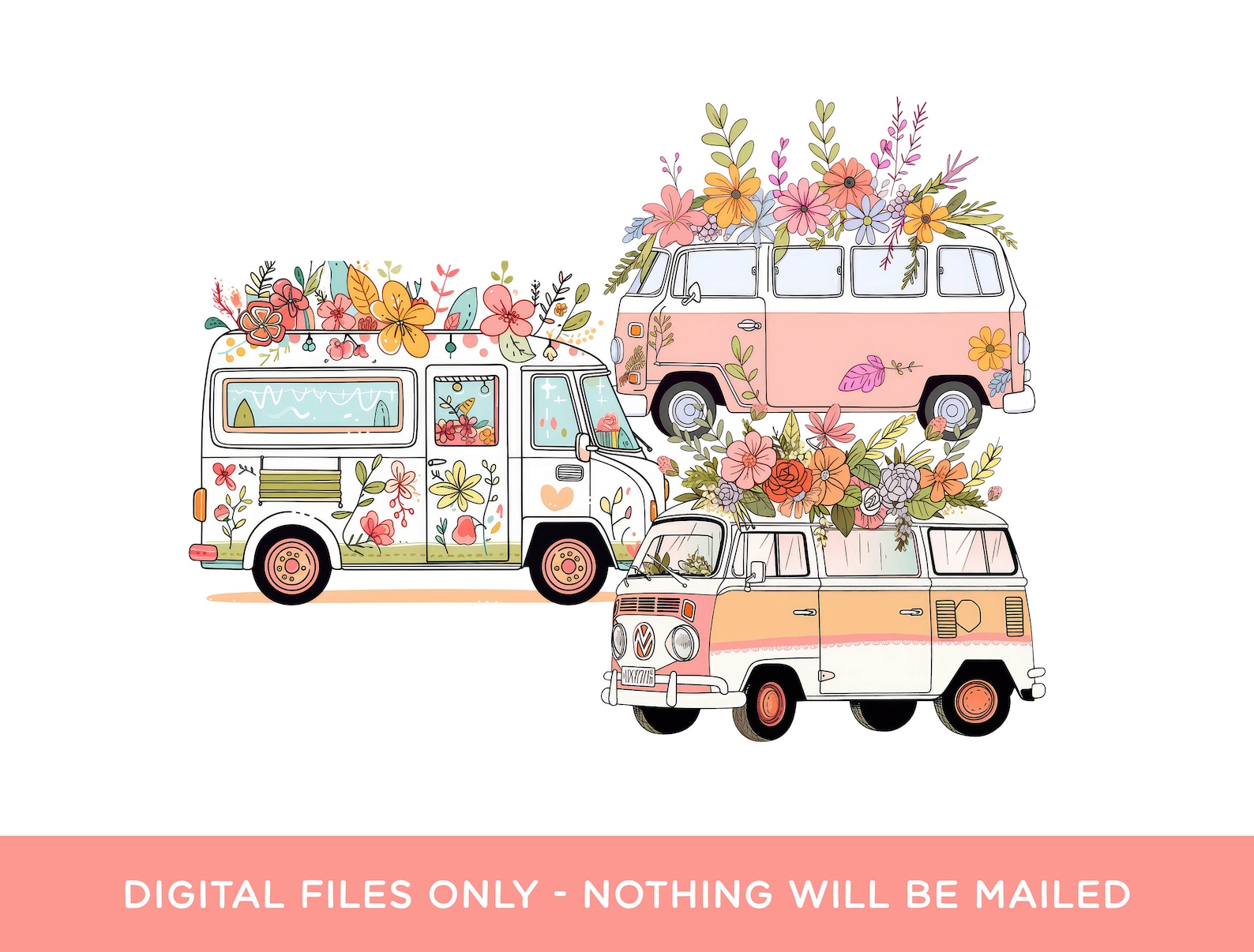 Retro Floral Van Clipart Bundle, Groovy Pastel Flowers PNG Digital ...