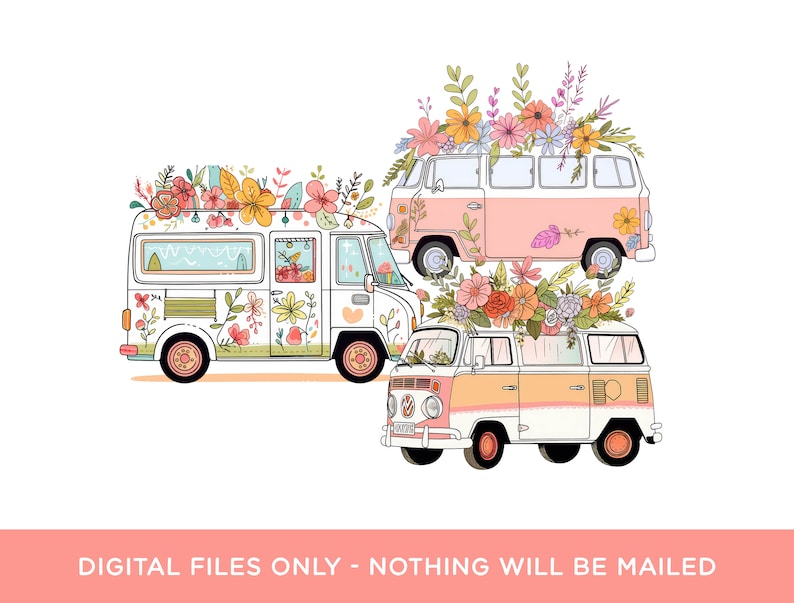Retro Floral Van Clipart Bundle, Groovy Pastel Flowers PNG Digital ...
