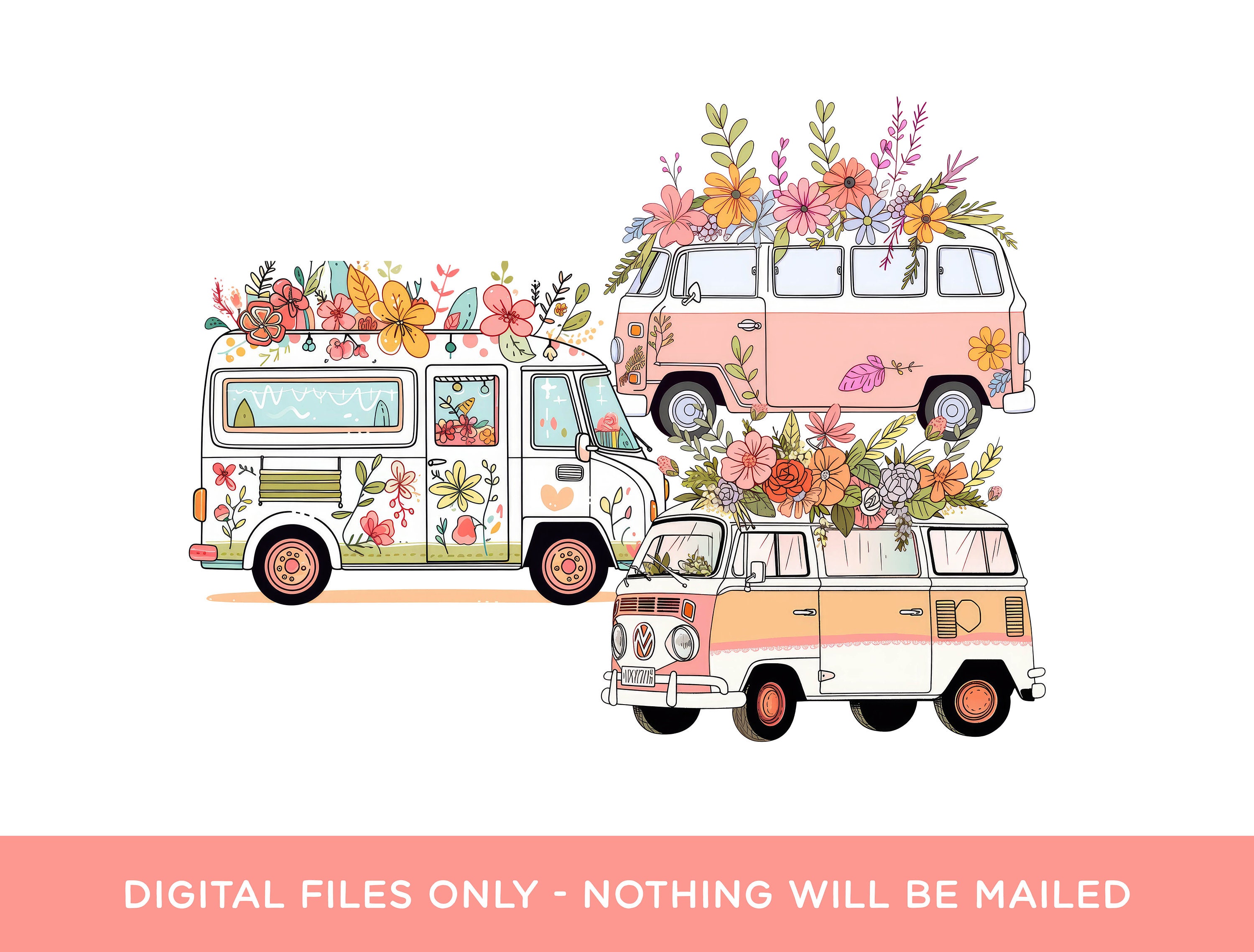 Retro Floral Van Clipart Bundle, Groovy Pastel Flowers PNG Digital ...