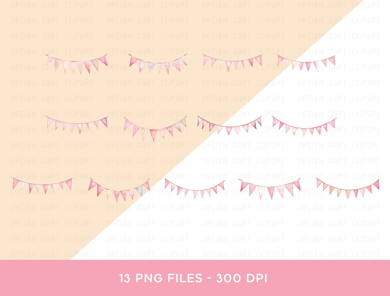 Bunting Clipart Bundle, Watercolor Pastel Flag PNG Digital Download ...