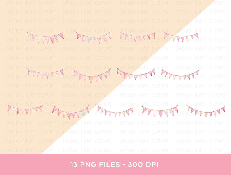 Bunting Clipart Bundle, Watercolor Pastel Flag PNG Digital Download ...