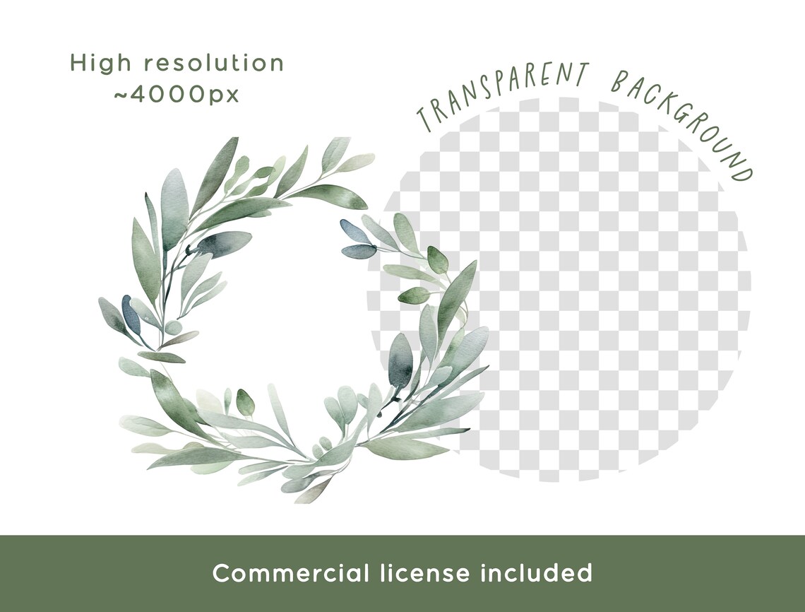 Eucalyptus Wreath Clipart, Watercolor Soft PNG Graphic Commercial Use ...
