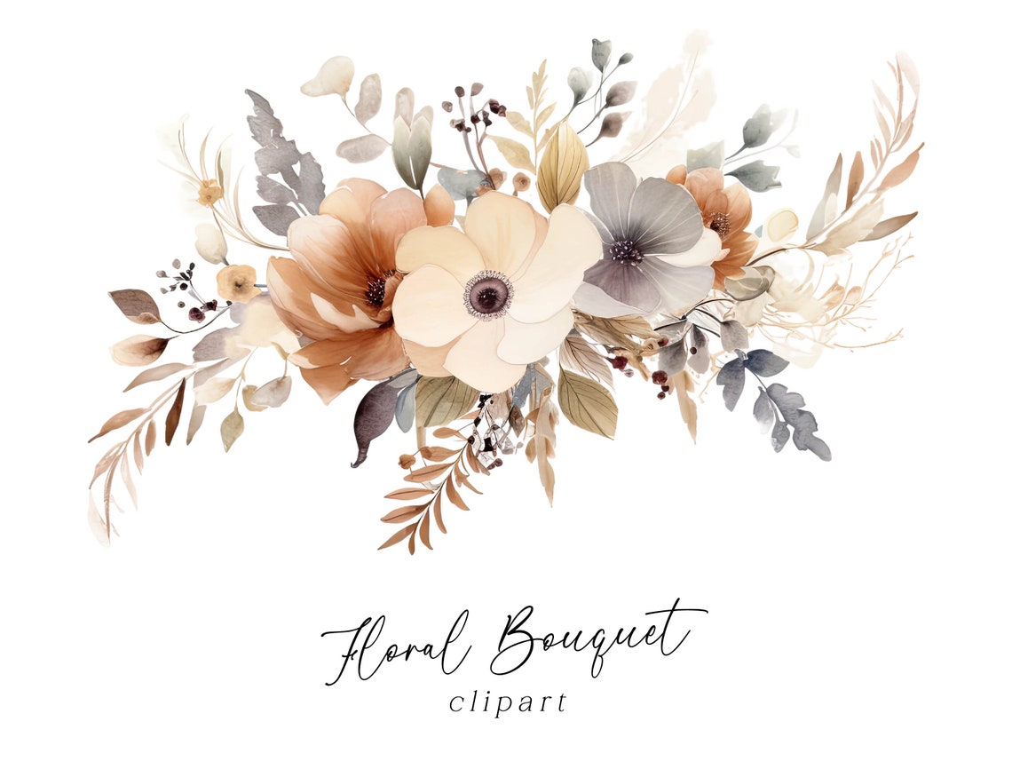 Flower Bouquet Clipart Watercolor Bohemian Floral Bunch PNG, Digital ...