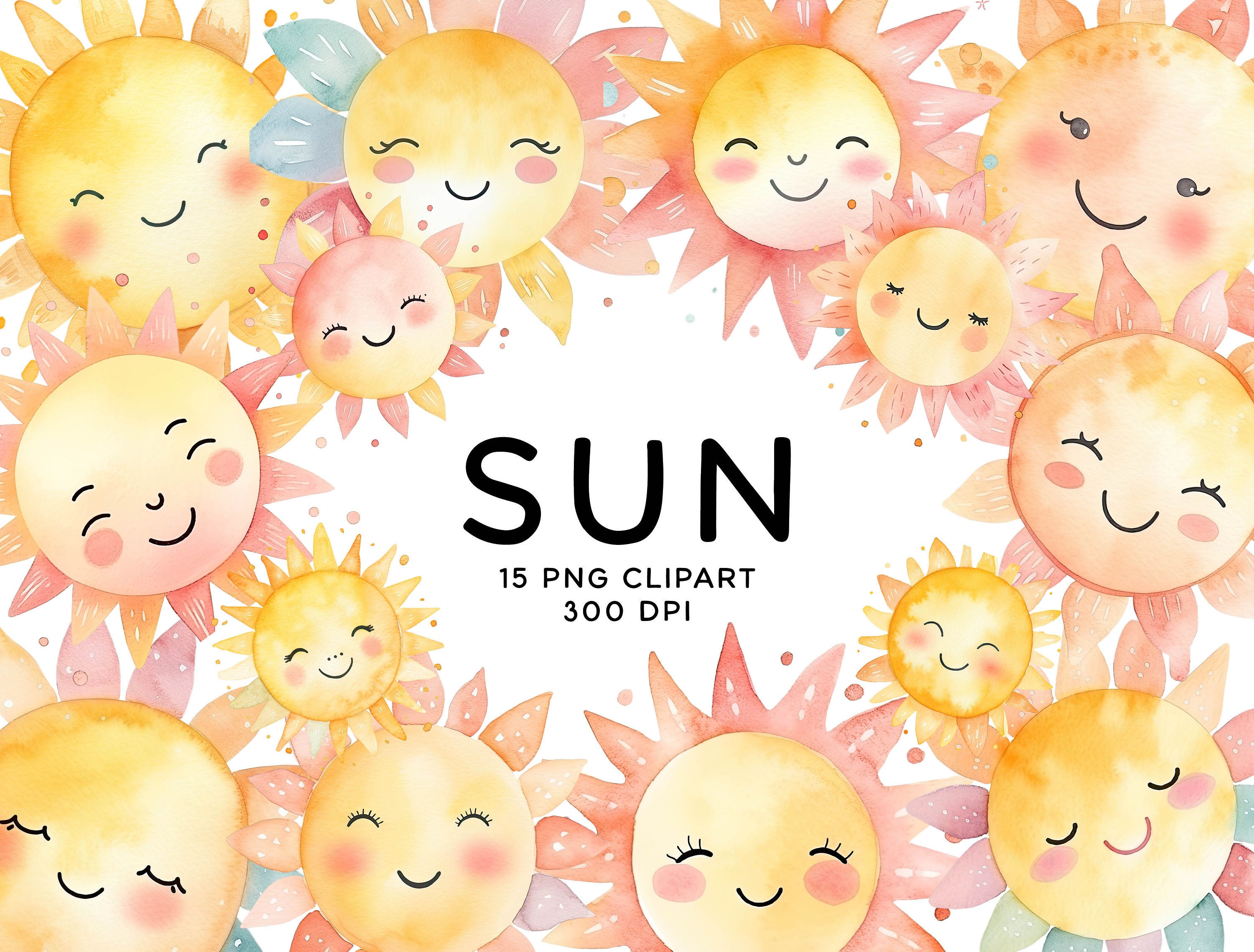 Watercolor Sun Clipart Bundle Smiling Happy Sun PNG - Etsy