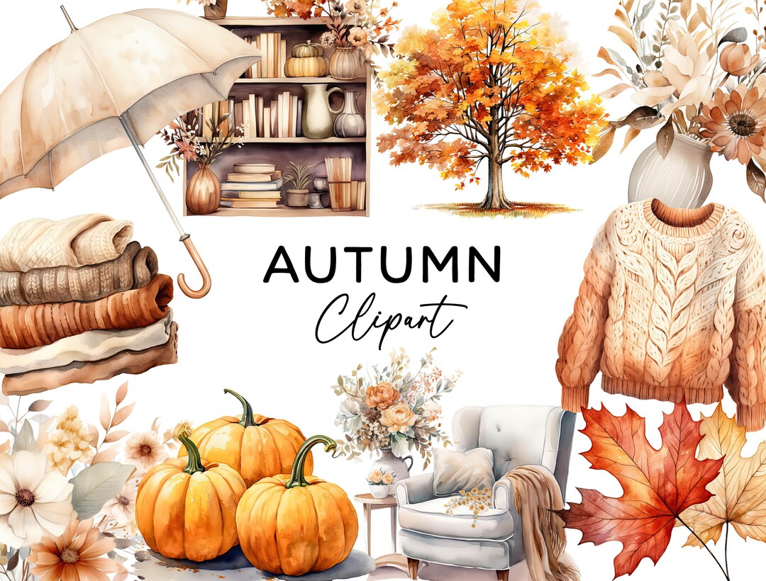 Autumn Clipart Bundle, Watercolor Fall Decor Pumpkin Leaves Boho ...