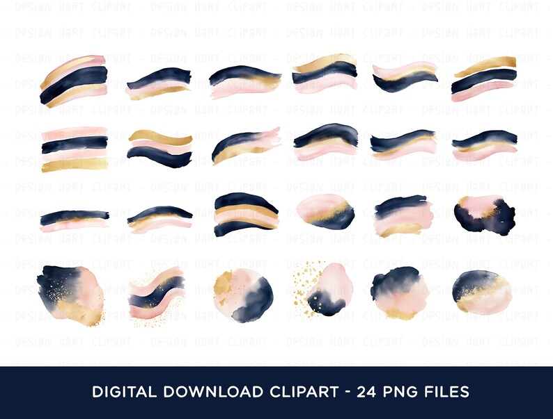 Brush Stroke Clipart Bundle - Navy Blue Pink Gold Watercolor Smudge ...