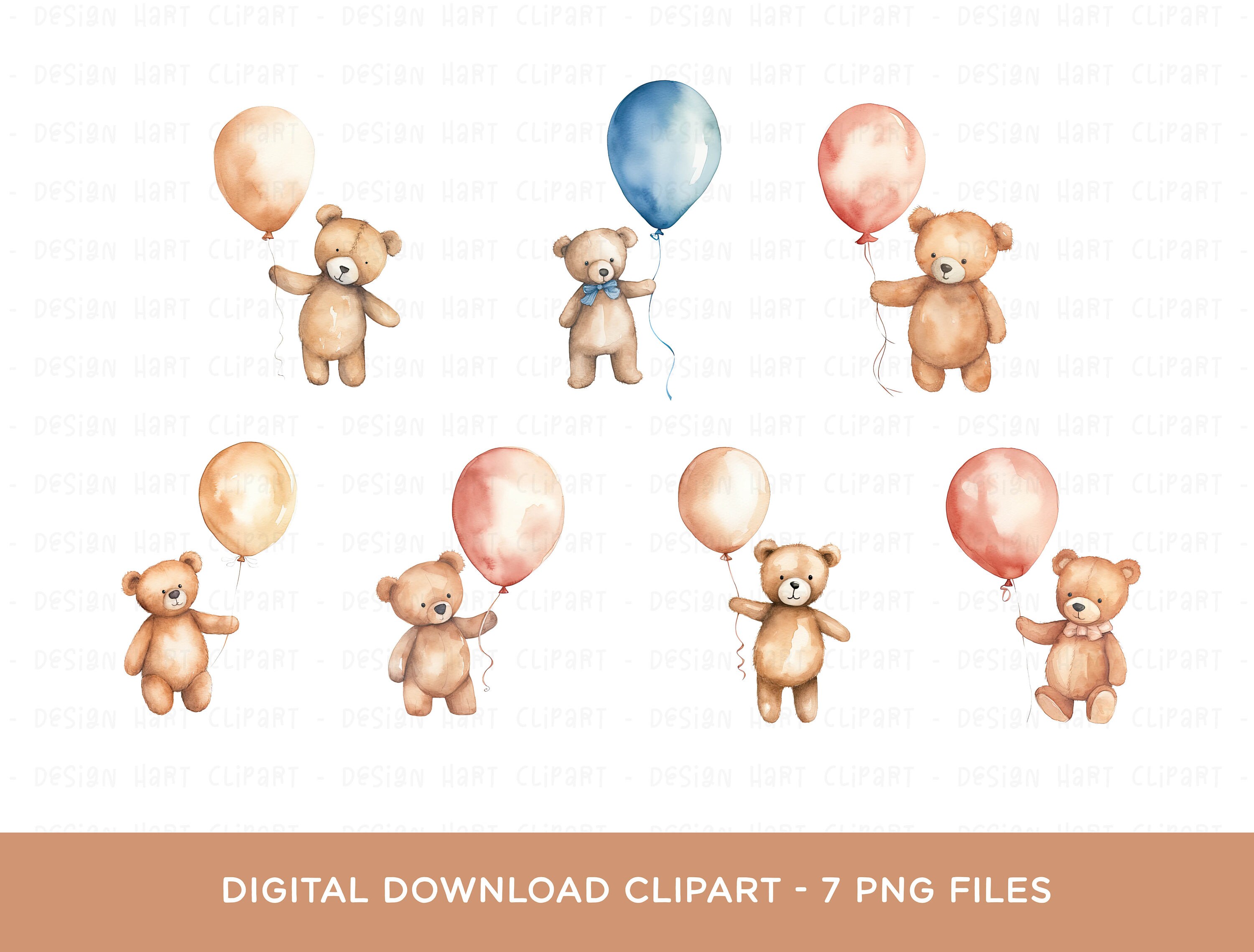 Teddy Bear Clipart Bundle Watercolor Teddy Balloon PNG for Baby Shower ...