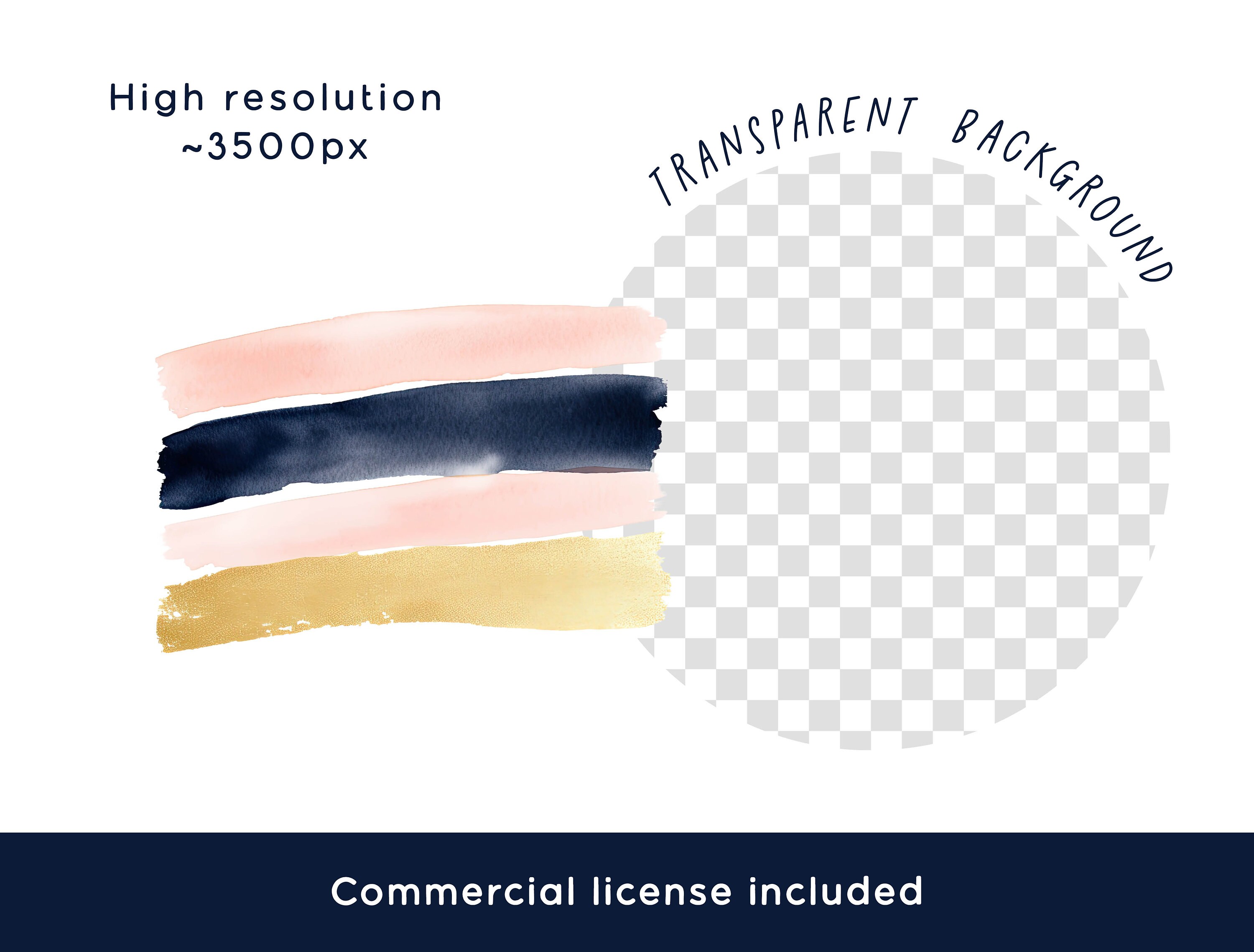Brush Stroke Clipart Bundle - Navy Blue Pink Gold Watercolor Smudge ...