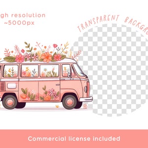 Retro Floral Van Clipart Bundle, Groovy Pastel Flowers PNG Digital ...