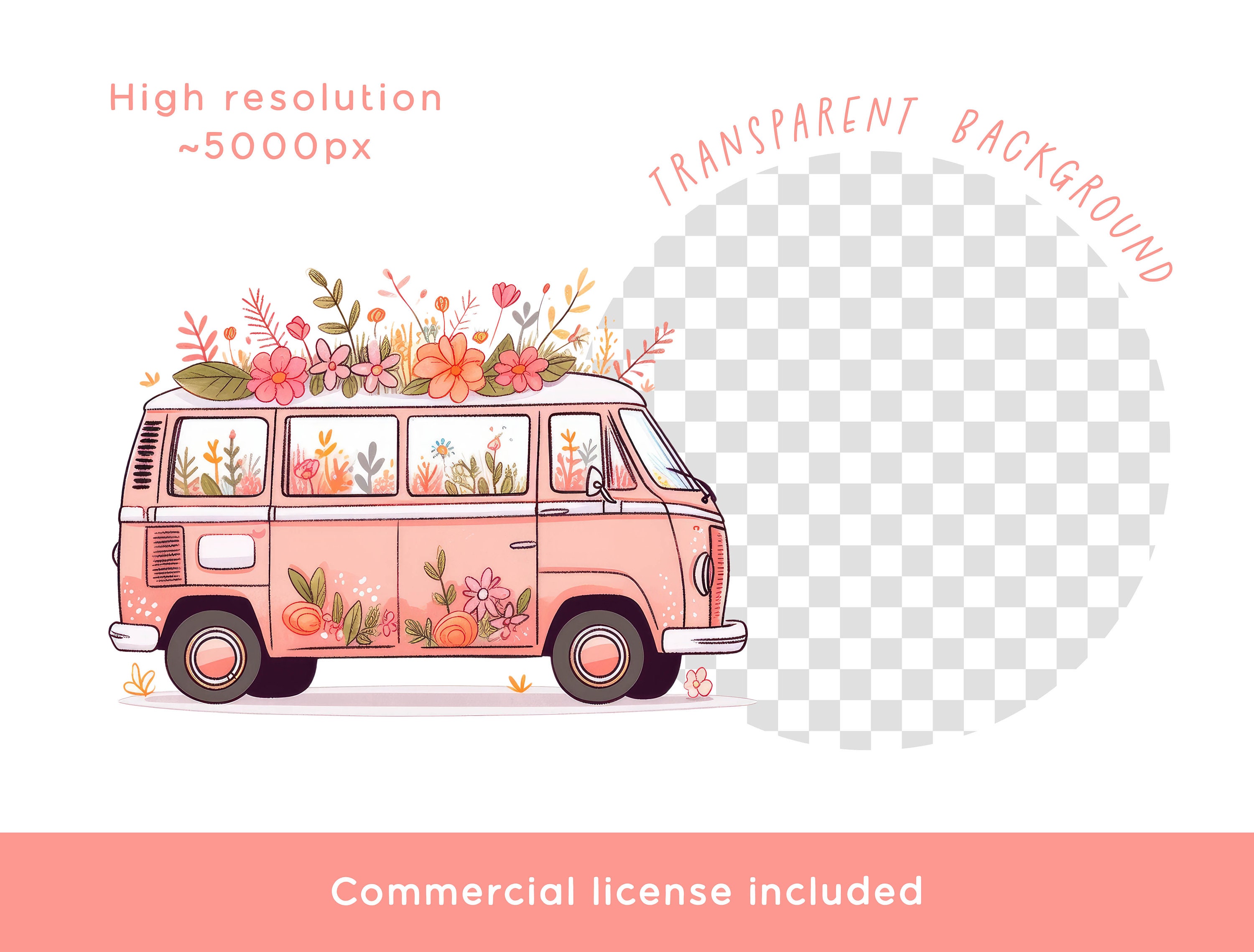 Retro Floral Van Clipart Bundle, Groovy Pastel Flowers PNG Digital ...