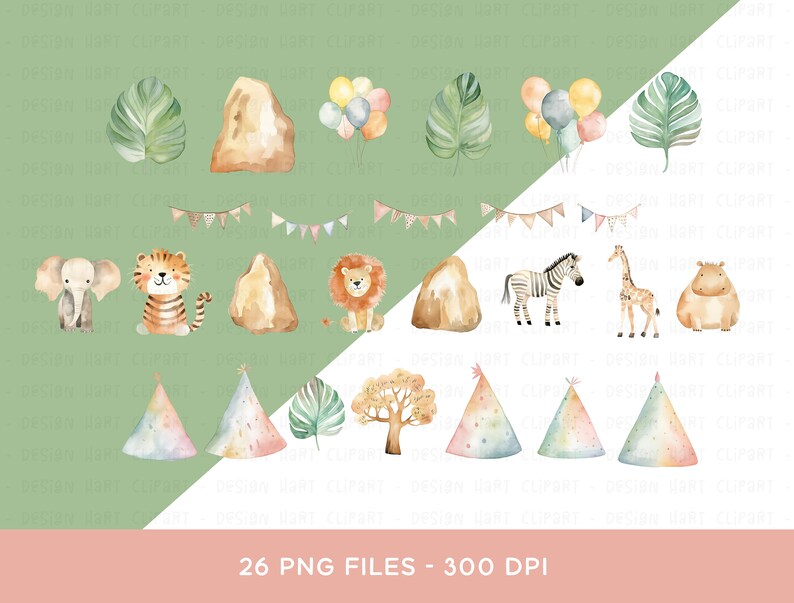 Party Animals Clipart Bundle, Watercolor Safari Jungle Zoo Animals With ...