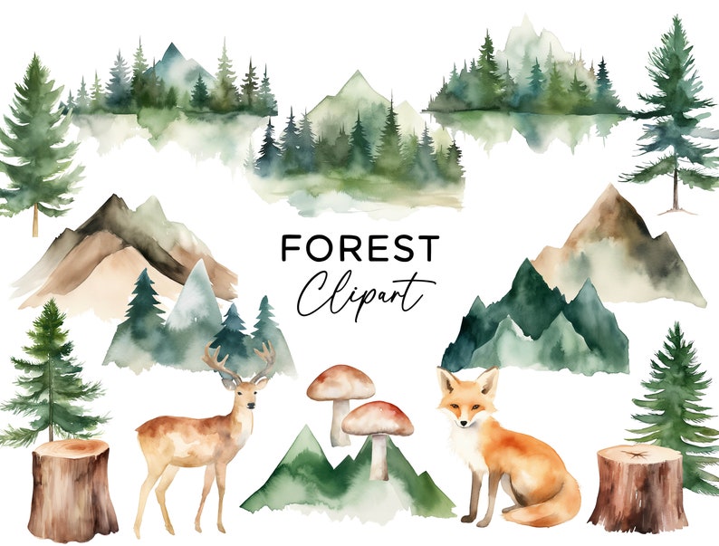 Forest Clipart Bundle Watercolor Woodland Nature Rustic Mountains Pine ...