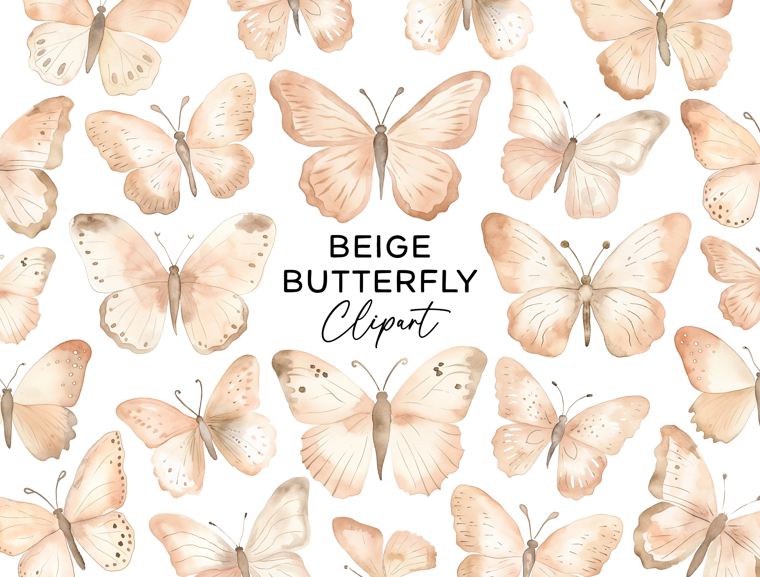 Butterfly Clipart Bundle Watercolor Boho Beige Neutral Soft Pastel ...