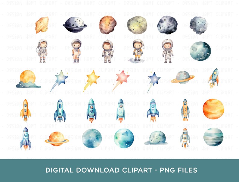 Astronaut Clipart Bundle, Watercolor PNG Graphics, Digital Download ...