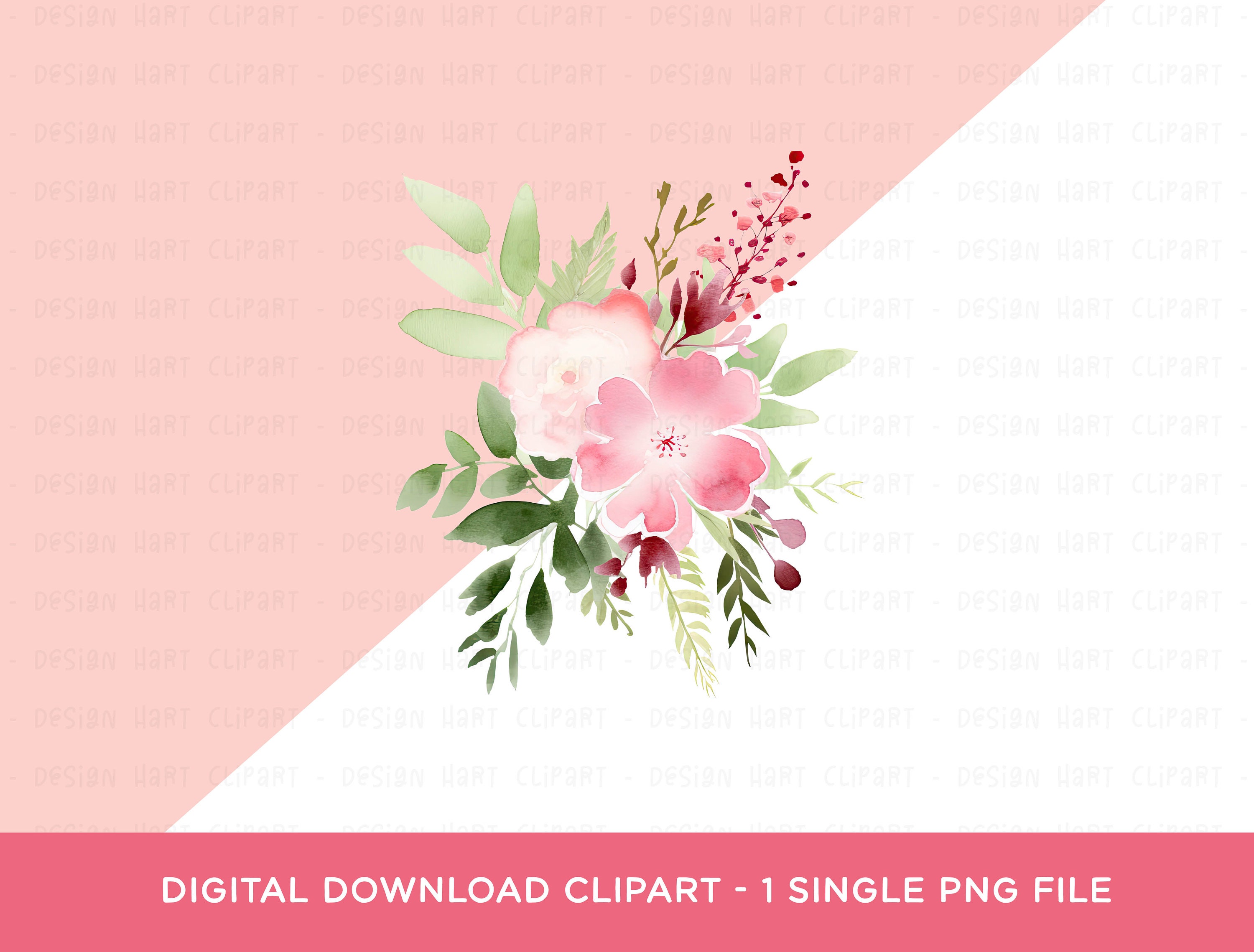 Floral Bouquet Clipart - Pastel Pink & Red Watercolor Botanical Blooms ...