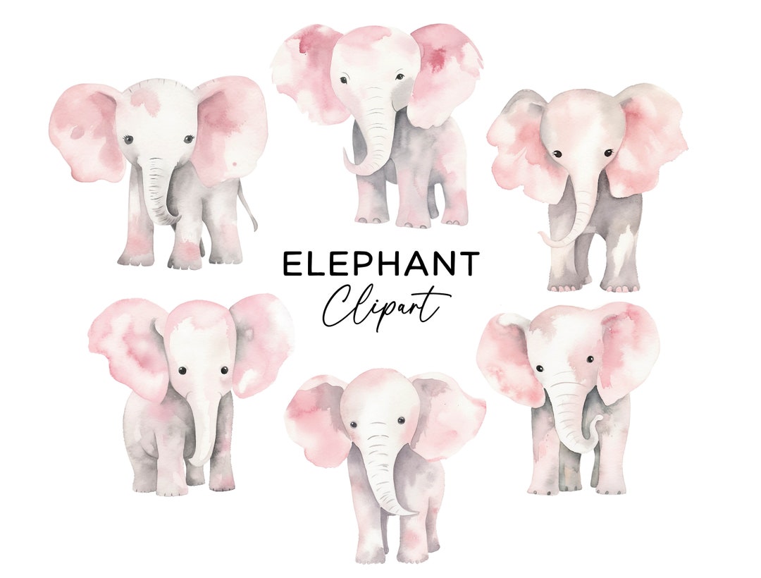 Pink Elephant Clipart Bundle - Watercolor Baby Shower Elephants PNG for ...