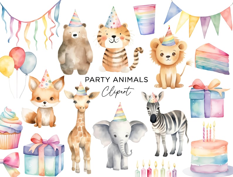 Party Animals Clipart, PNG Digital Download Watercolor Safari Jungle ...