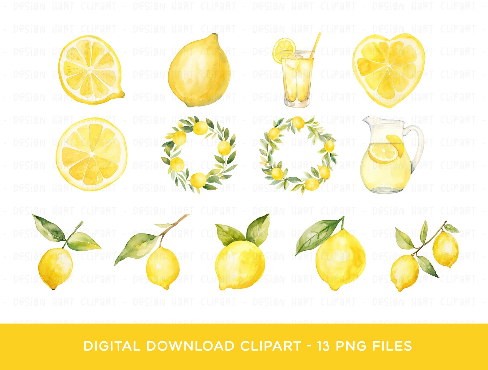 Lemon Clipart Bundle: Watercolor Yellow Lemons Wreath Lemonade PNG ...